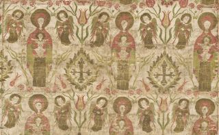 Textile fragment with white ground with the Virgin Mary and the Christ ...