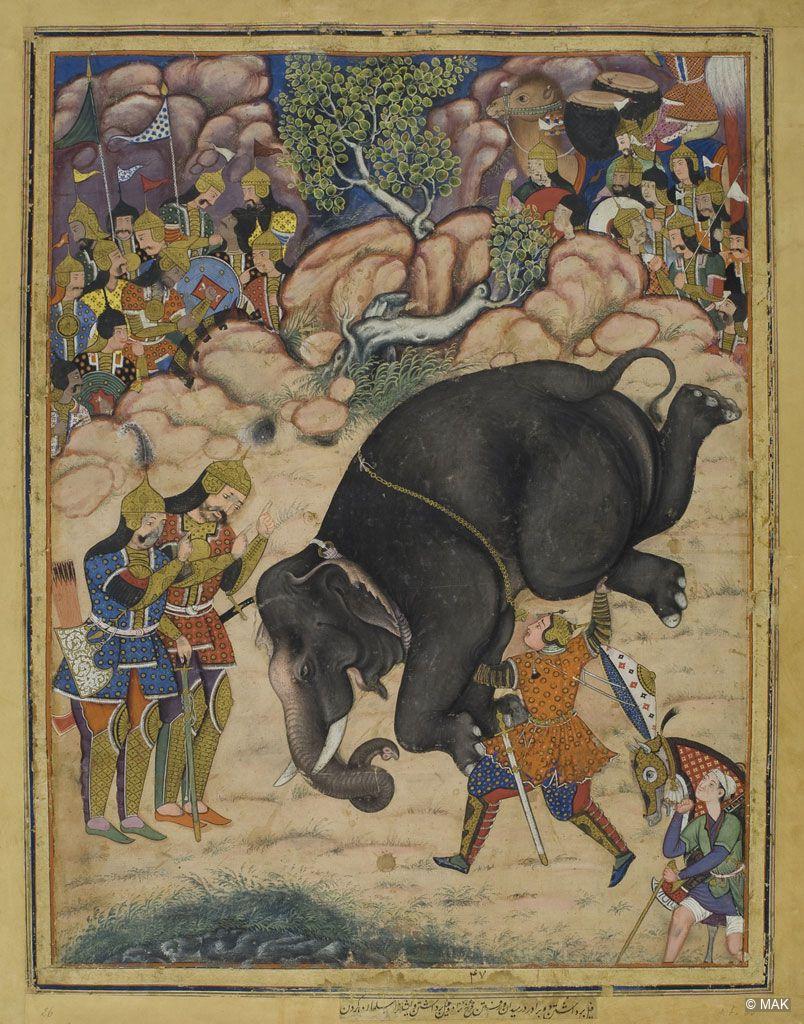 Hamzanama : Two brothers pick up an elephant on the field; Farrukh ...