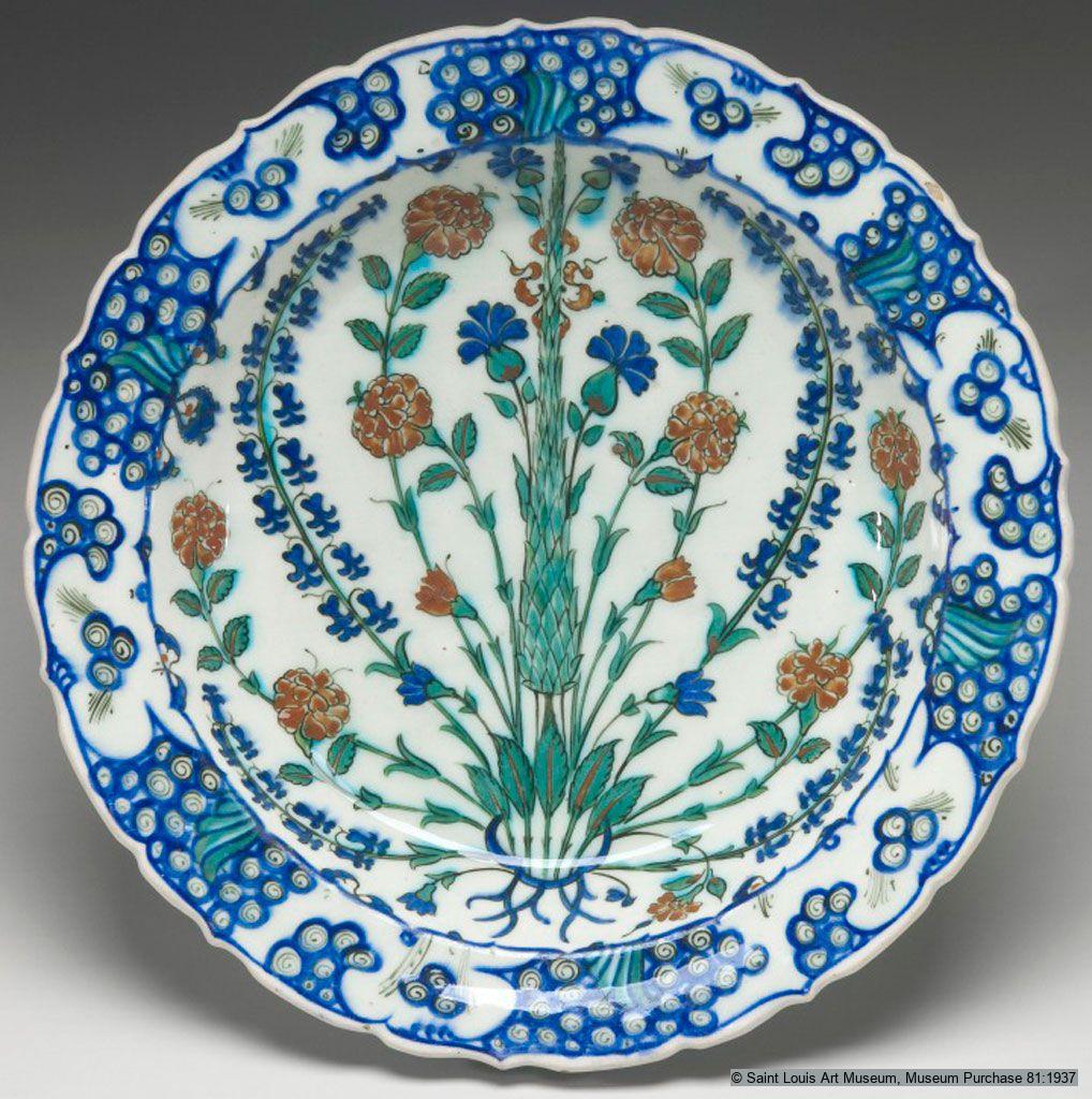 Dish with Foliated Rim and Design of Cypress Tree with Flowering Plants ...